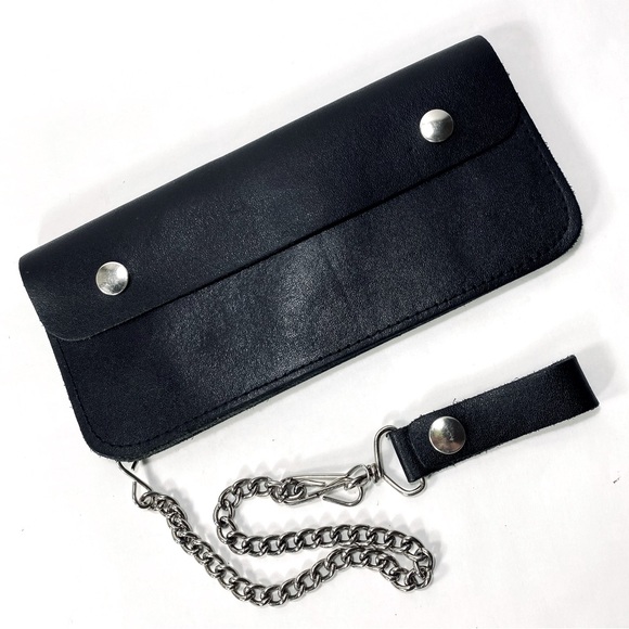 Bags | Black Leather Long Trucker Chain Wallet | Poshmark